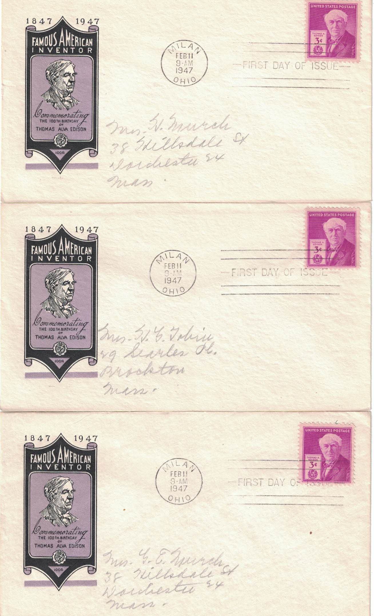 1947 FDC, #945, 3c Thomas A. Edison, 3 different cachets | United ...