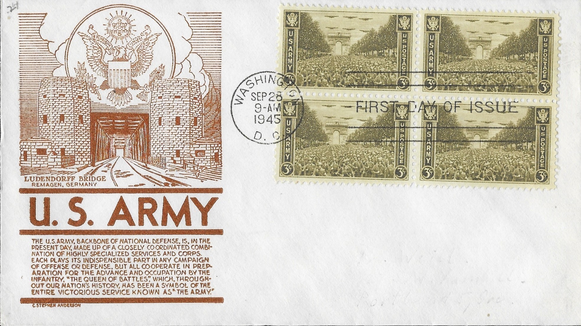 1945 FDC, #934, 3c U.S. Army, Anderson - single / block of 4 | United ...