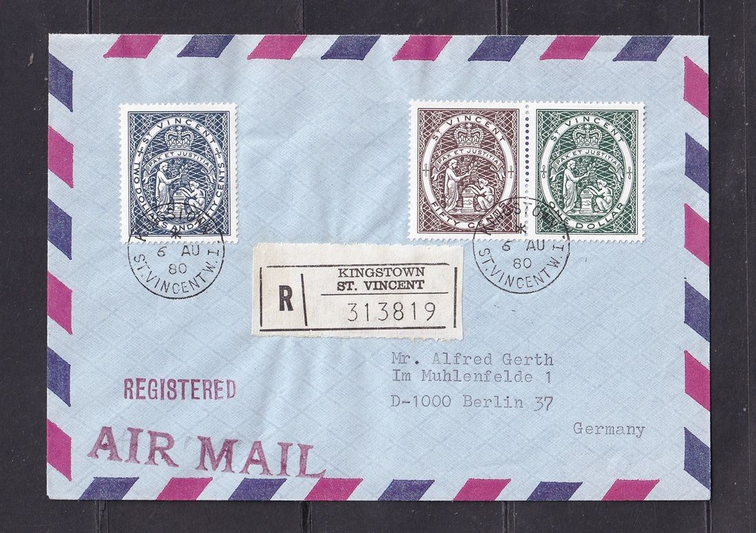 St. Vincent #598a-c used 1980 Seal of colony on registered air mail ...