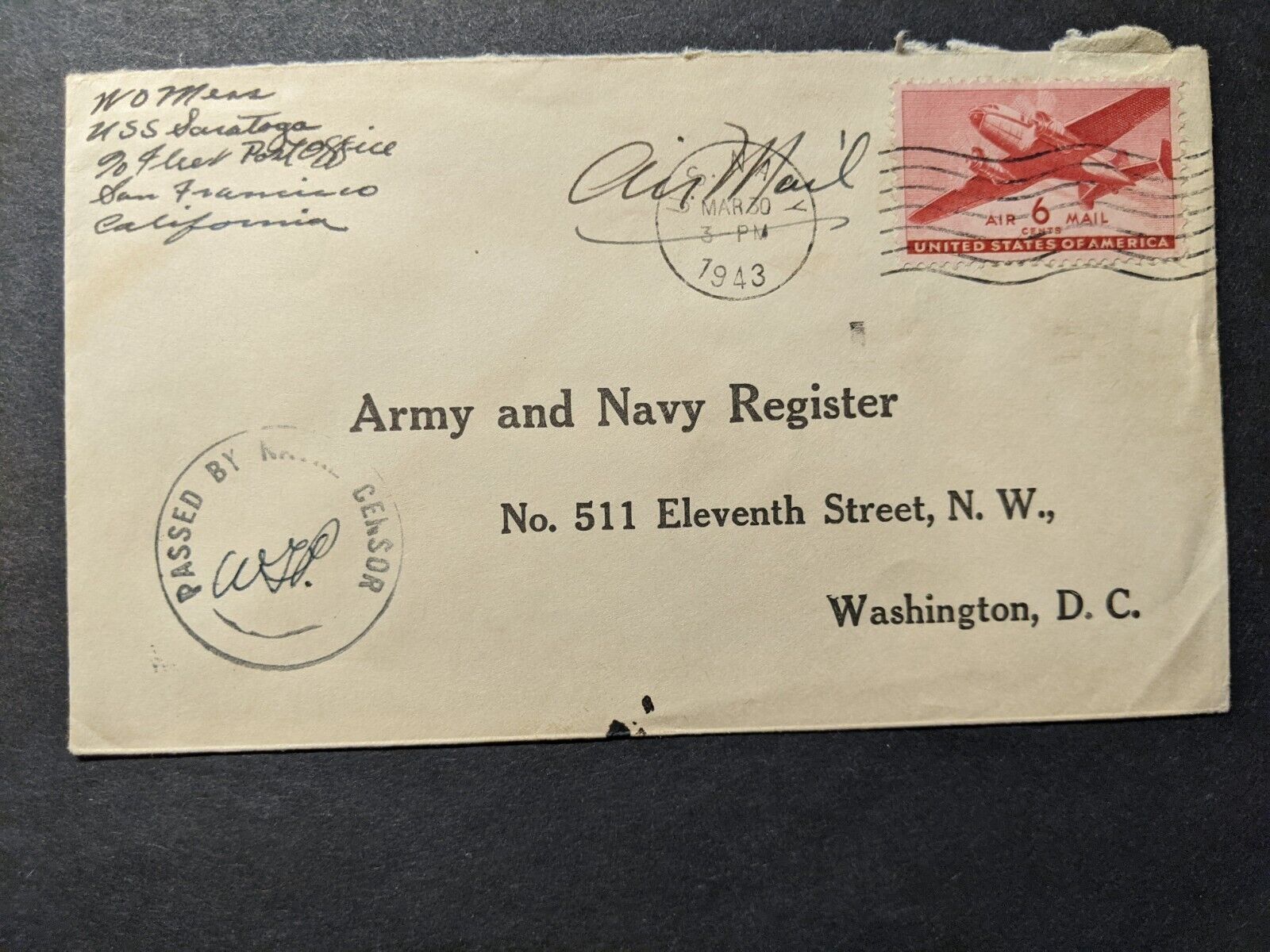 USS SARATOGA CV-3 Naval Cover 1943 Censored WWII Sailor's Mail AIRCRAFT ...