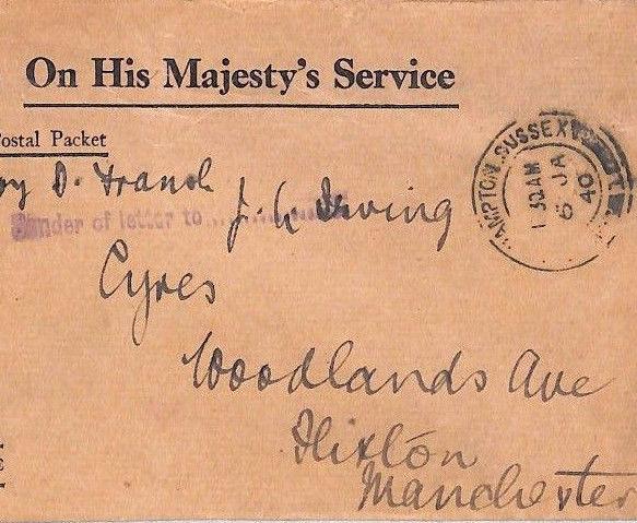 BR116 1940 GB WW2 SUSSEX Littlehampton *Sender of Letter to...* GPO ...