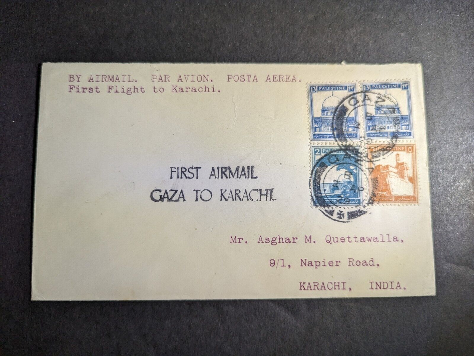 1929 Palestine Airmail First Flight Cover FFC Gaza to Karachi India ...
