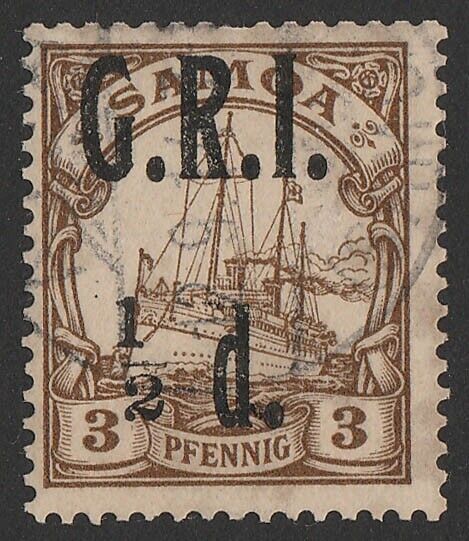 SAMOA 1914 'GRI 2½d' on Yacht 3pf brown, variety '1 to the left of 2 ...