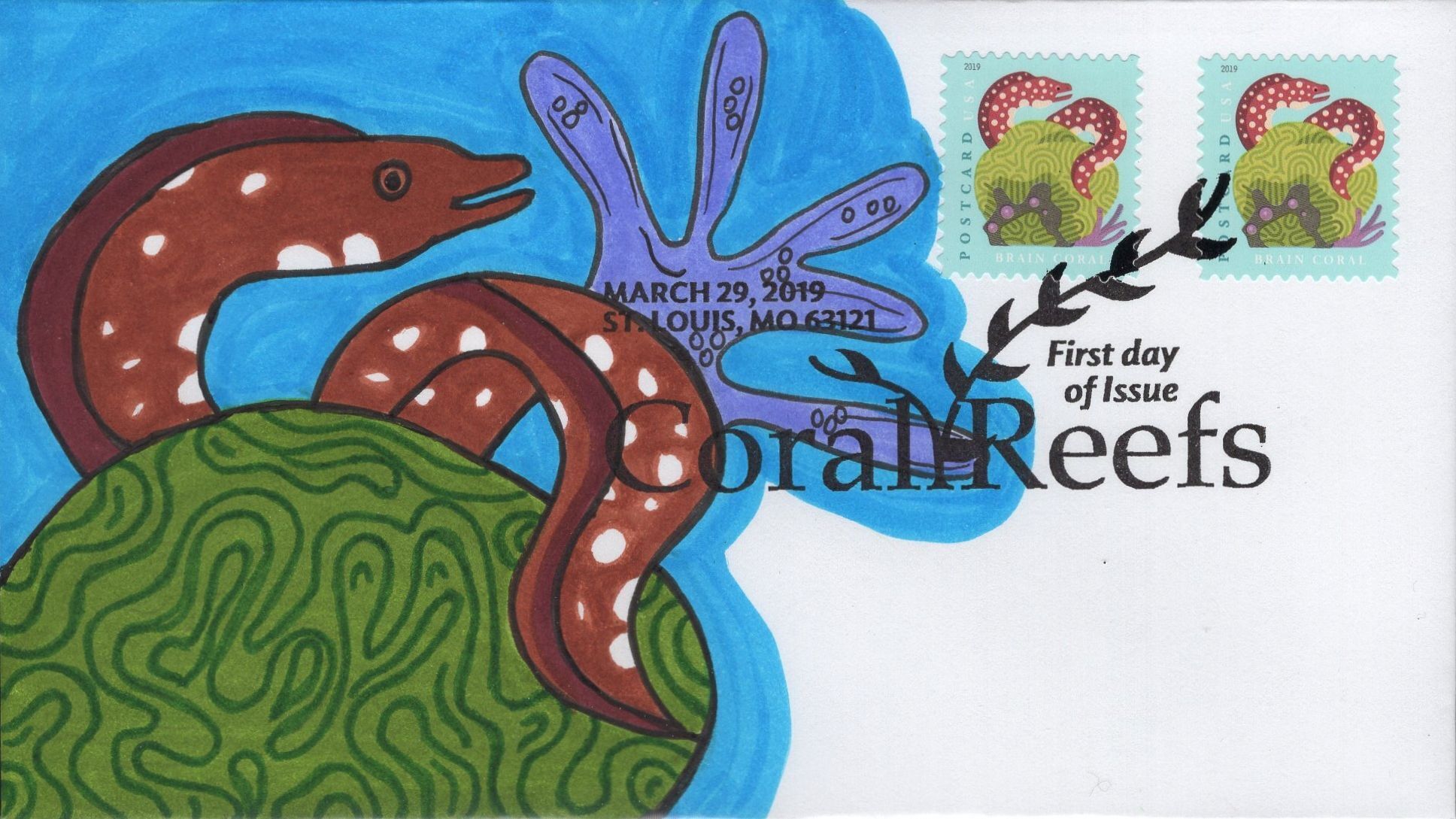 Bella Cachets Hand Painted FDC for the 2019 Brain Coral Postcard Stamp ...