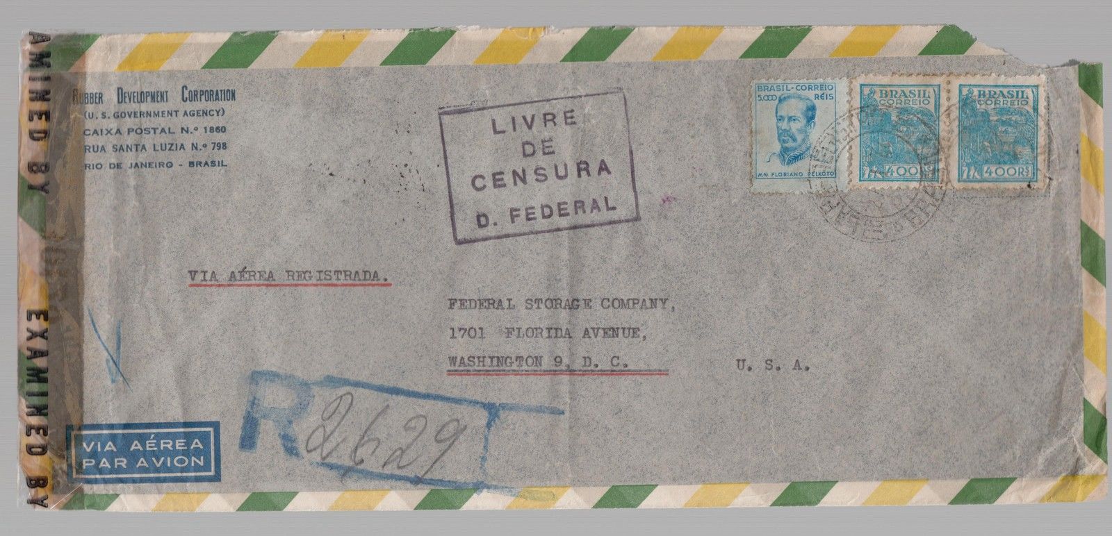 1944 Brazil dual censored Airmail cover to USA Rubber Development ...