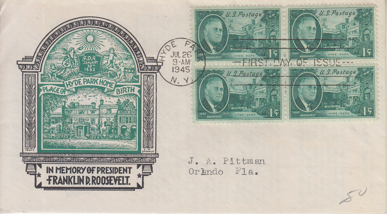 1945 Roosevelt Memorial (4) B4 (Scott 930-33) Staehle TA FDC | United ...