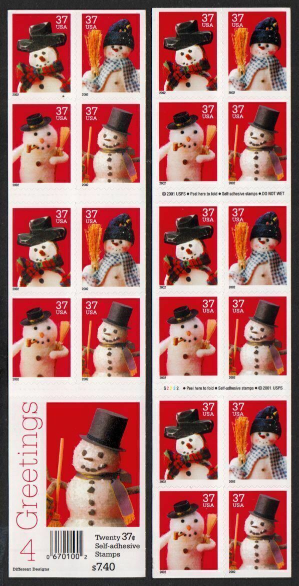 USA #3687b Greetings Snowman Double-Side Booklet of 20 Stamps MNH ...