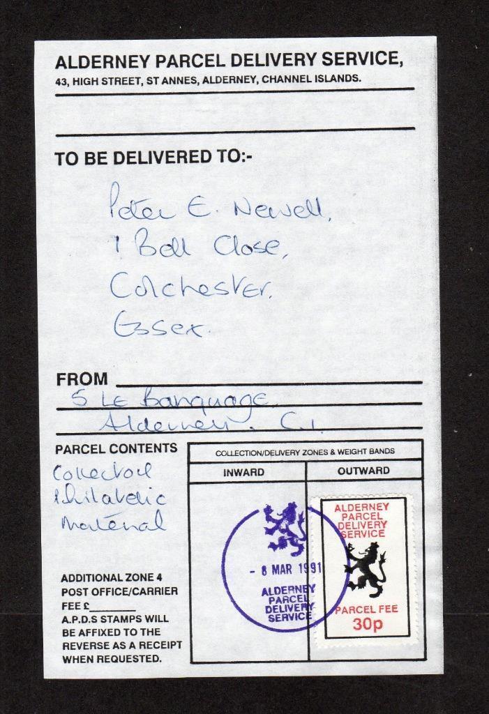 Alderney Parcel 30p on 1991 Dispatch Document | Europe - Channel ...