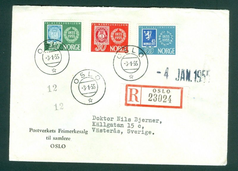 Norway. 1955 FDC. Oslo Reg: 23024. N. Stamp 100 Year. Sc# 337-38-39 ...