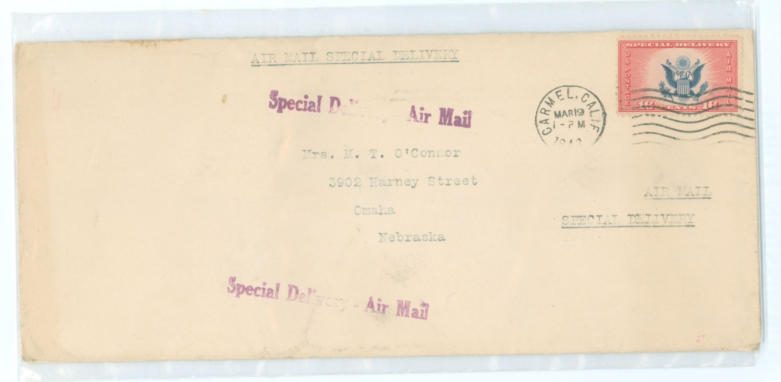 US CE2 16c airmail special delivery stamp (Vignette shifted) franking ...