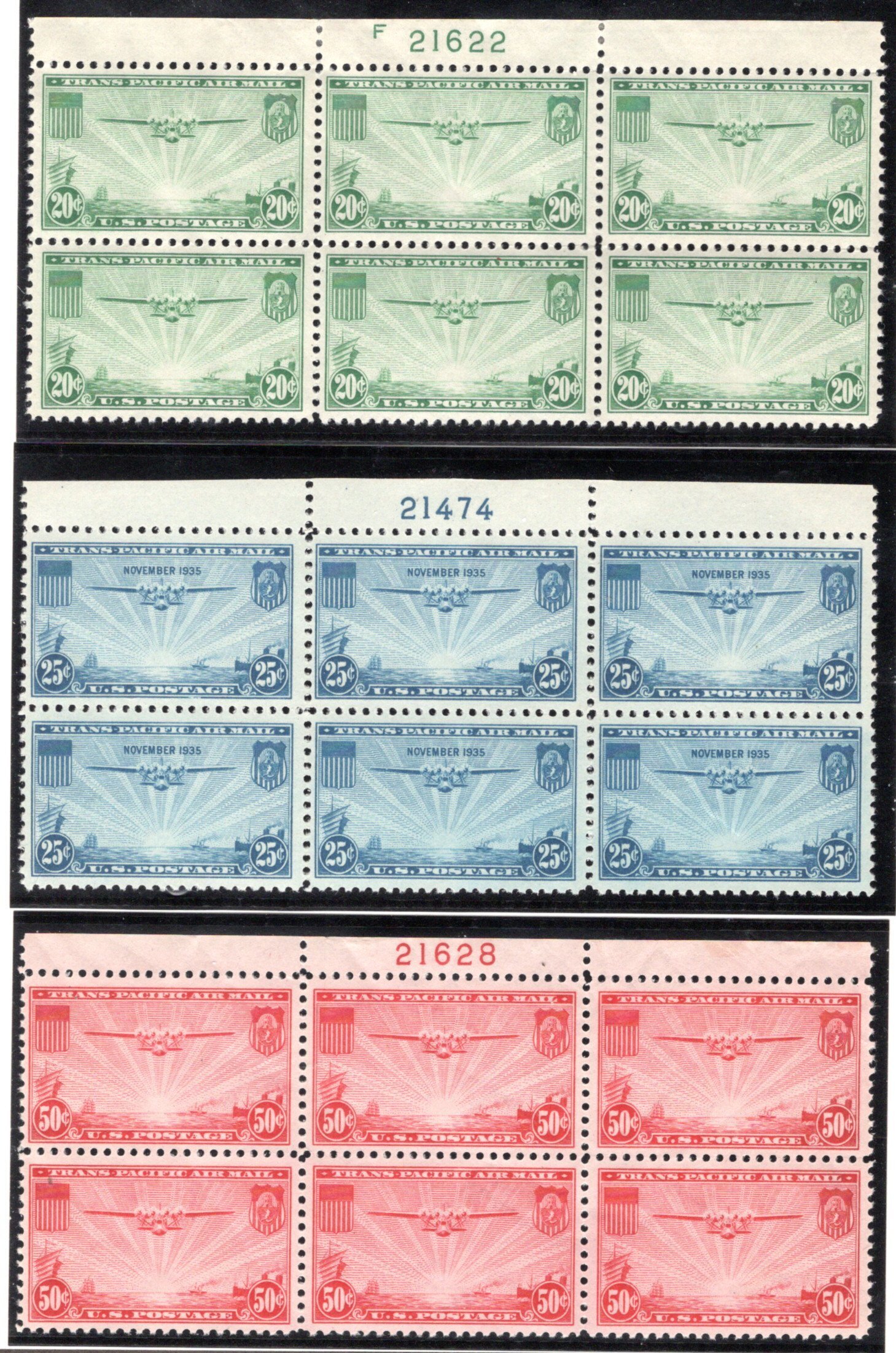 Scott C20-C22, MNHOG, Set of 3, P# Blocks of 6, Transpacific China ...