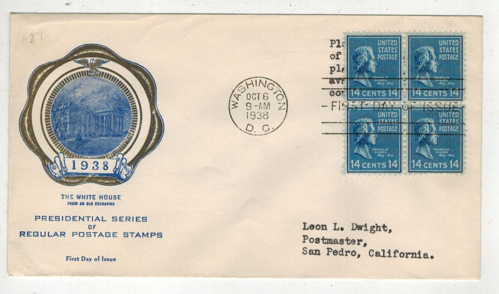 1938 Presidential Series Block of 4 by Rice 819 Franklin Pierce ...