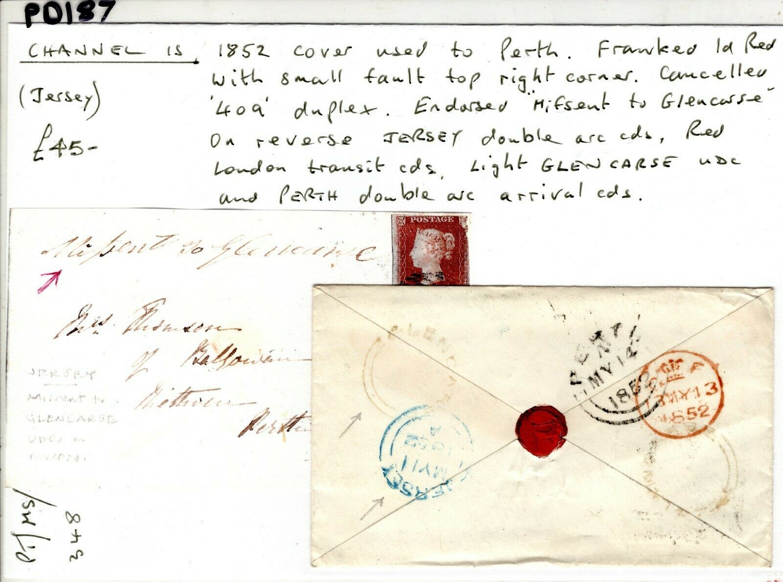 GB Channel Is JERSEY Cover MISSENT *GLENCARSE* UDC Scotland 1d Red 1852 ...