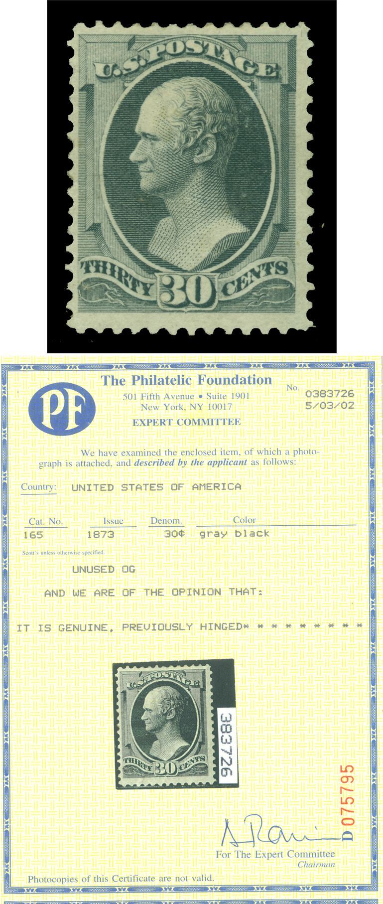 US 1873 Hamilton 30c gray black Scott # 165 mint MH VF w/Cert. | United ...