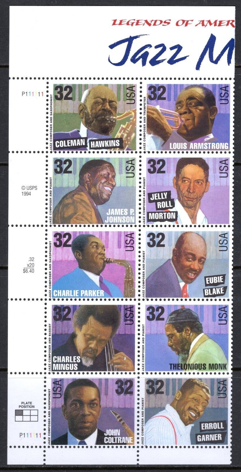United States Sc#2983-92 Blk Unfolded 1995 Jazz Musicians MNH | United ...