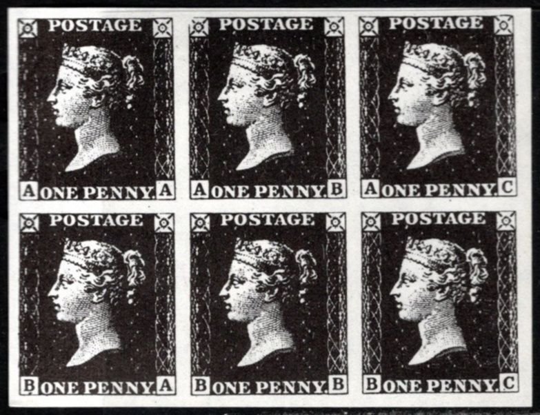 Vintage Great Britain Poster Stamp One Penny Black Facsimile Block of 6 ...