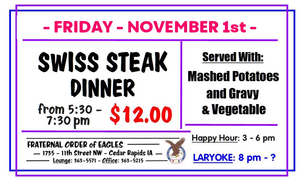 FRATERNAL ORDER OF EAGLES SWISS STEAK DINNER | Hoopla