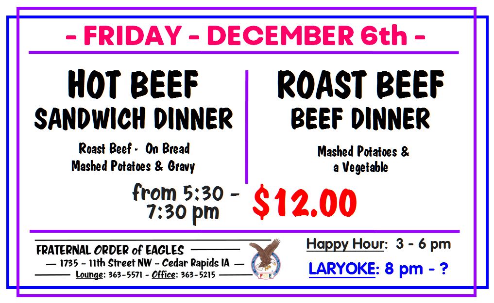 Fraternal Order of Eagles #2272 Hot Beef Sandwich or Roast Beef Dinner