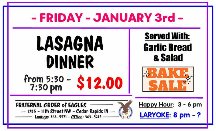 Fraternal Order of Eagles Lasagna Dinner | Hoopla