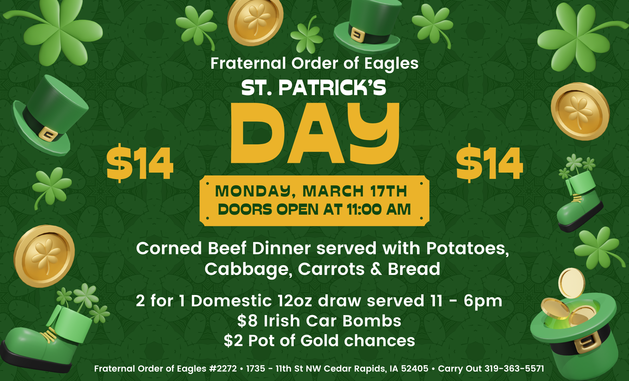 Fraternal Order of Eagles St. Patrick's Day Dinner-PUBLIC WELCOME