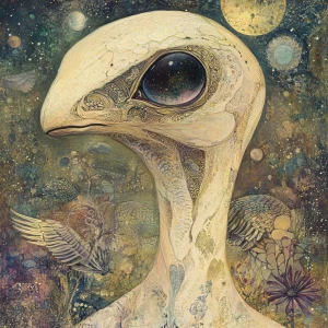 A serene alien hybrid portrait inspired by the craft-focused traditions ...
