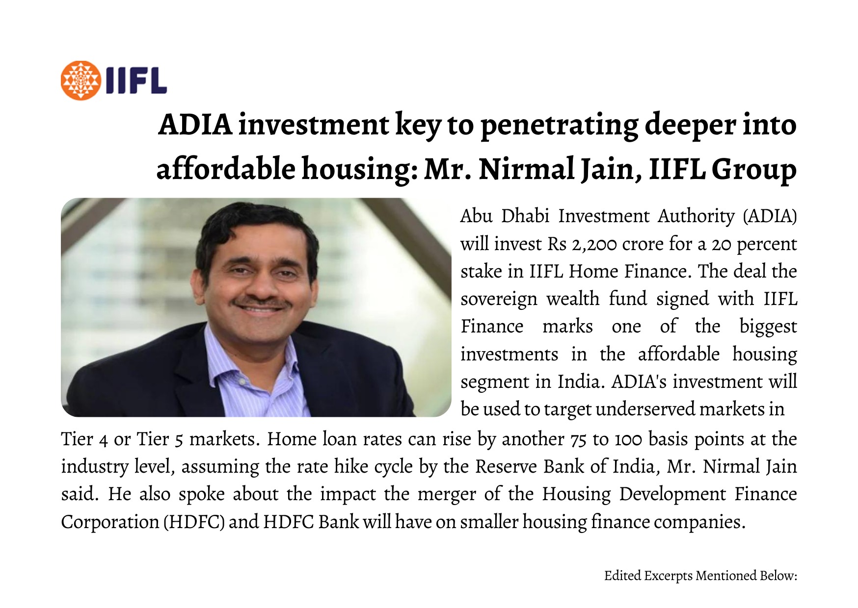 Interview: Mr. Nirmal Jain: ADIA investment key to penetrating deeper ...