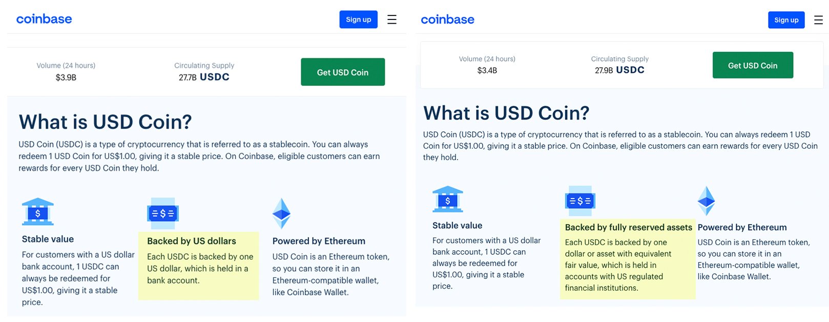 Coinbase 公司關於 USDC 說明的前後對比｜來源：Coinbase