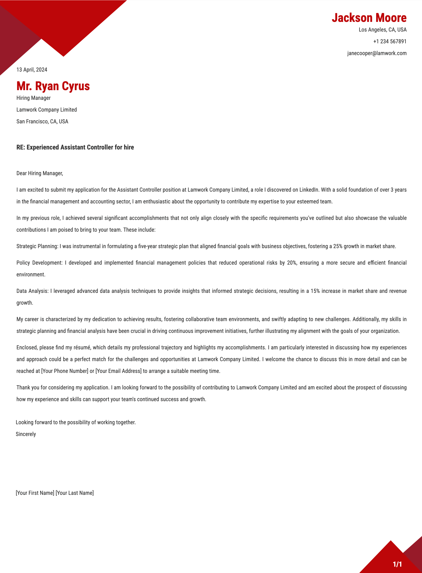 Assistant Controller Cover Letter Template