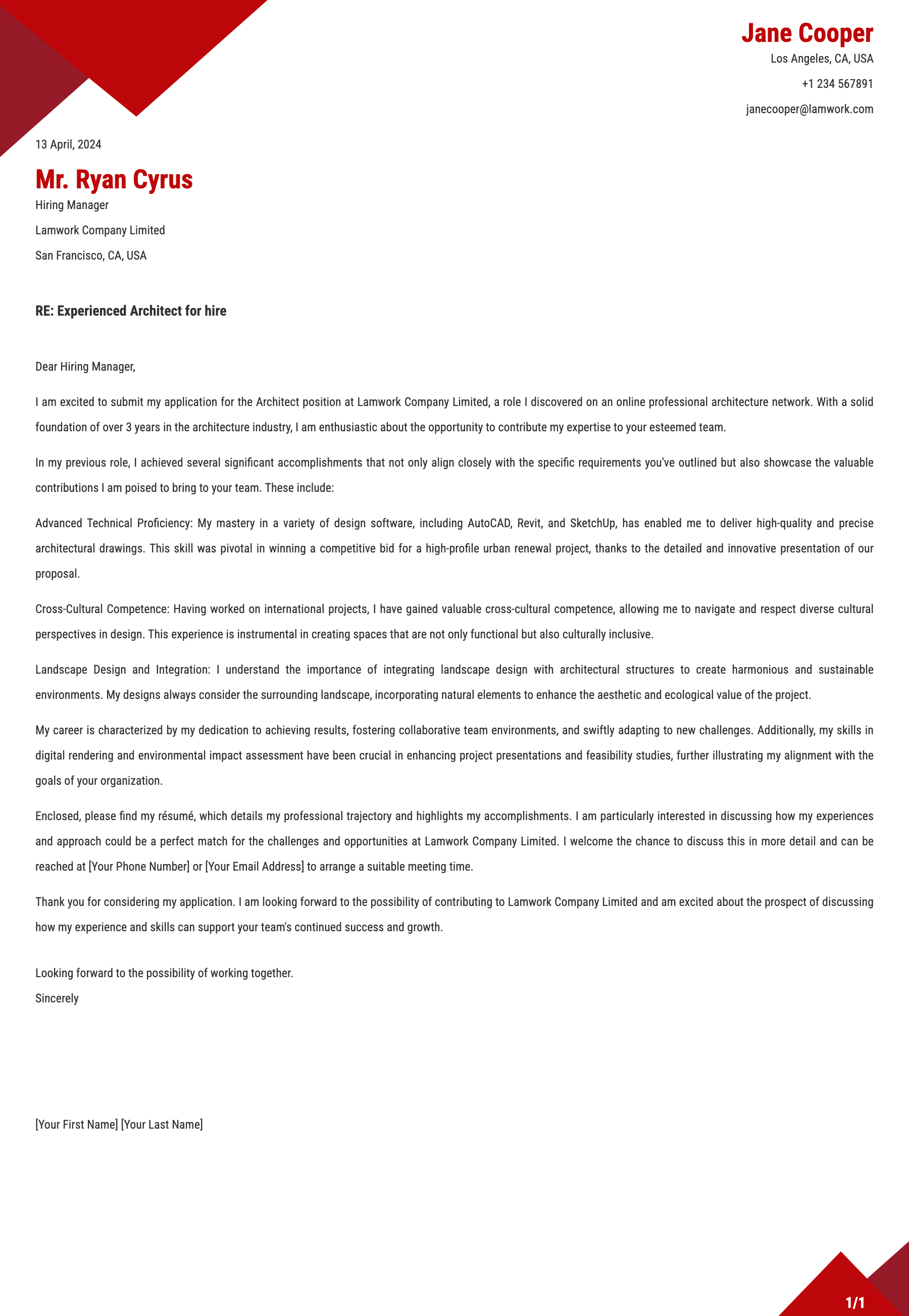 Architect Cover Letter Template