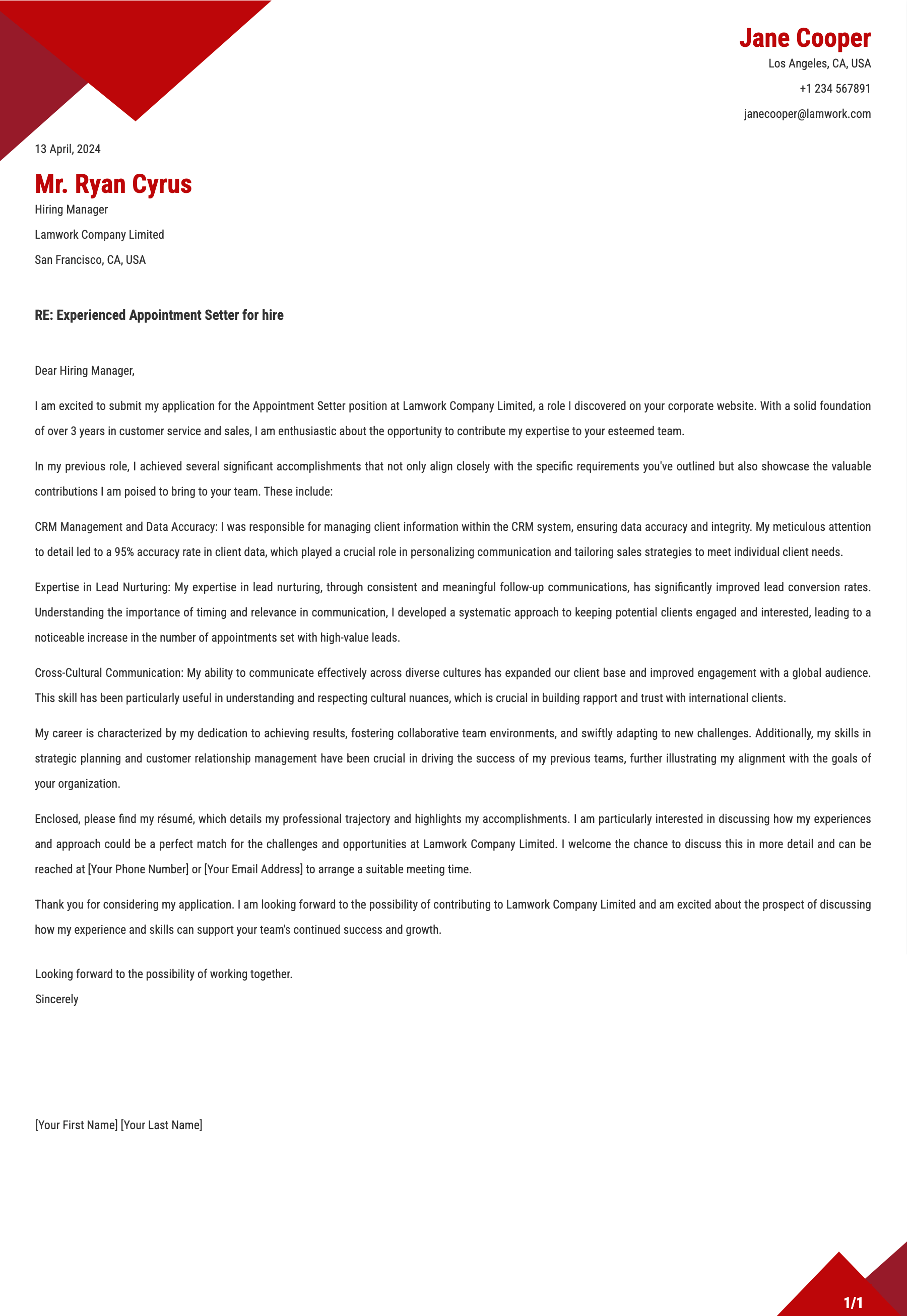 Appointment Setter Cover Letter Template