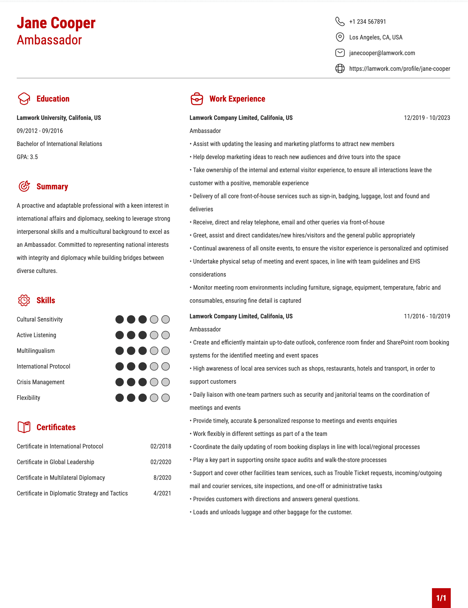 Ambassador Resume Example