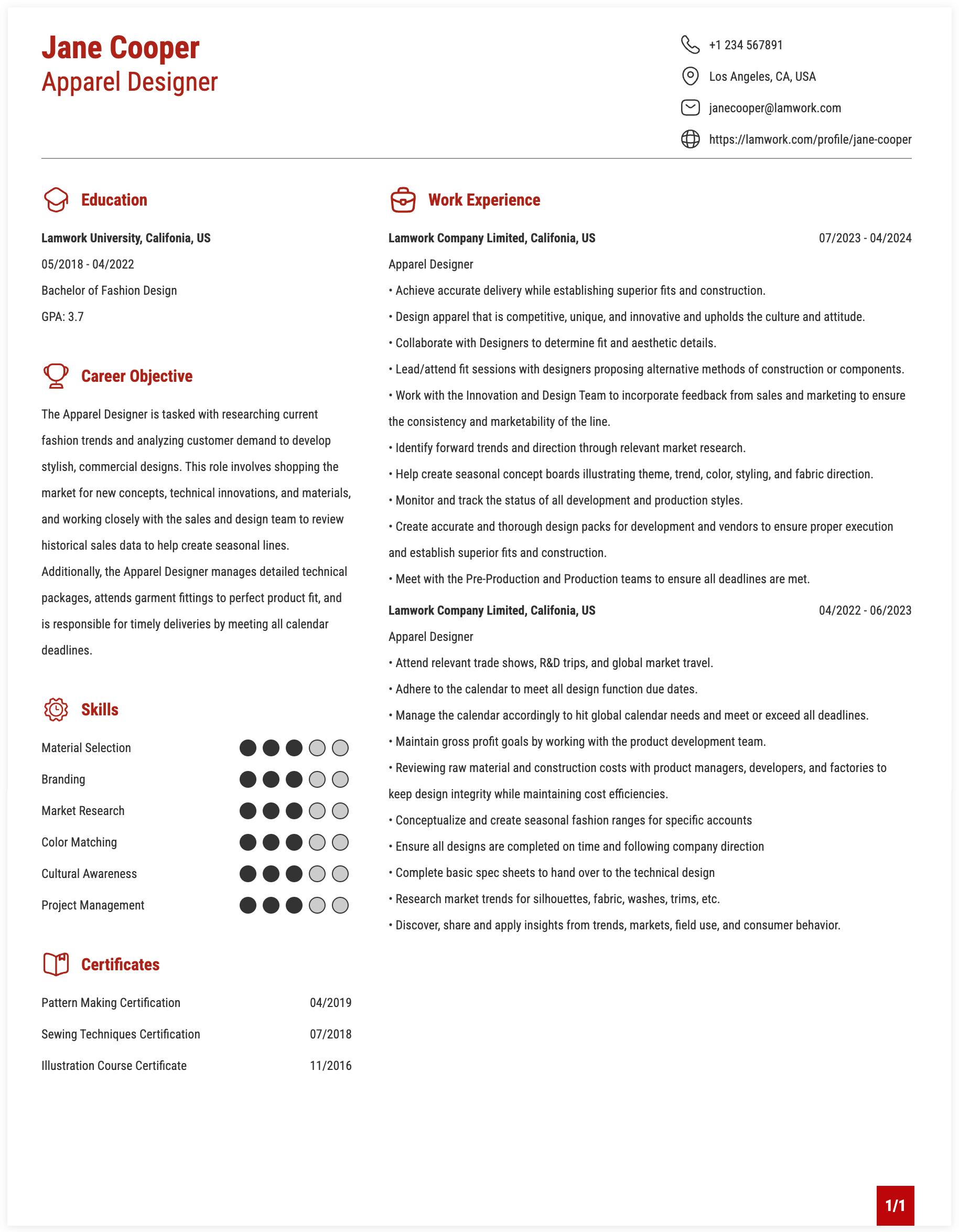 Apparel Designer Resume Example