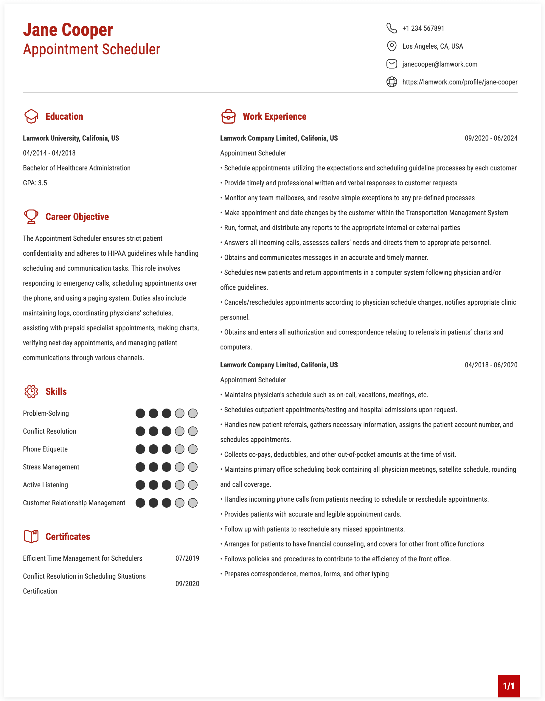 Appointment Scheduler Resume Example
