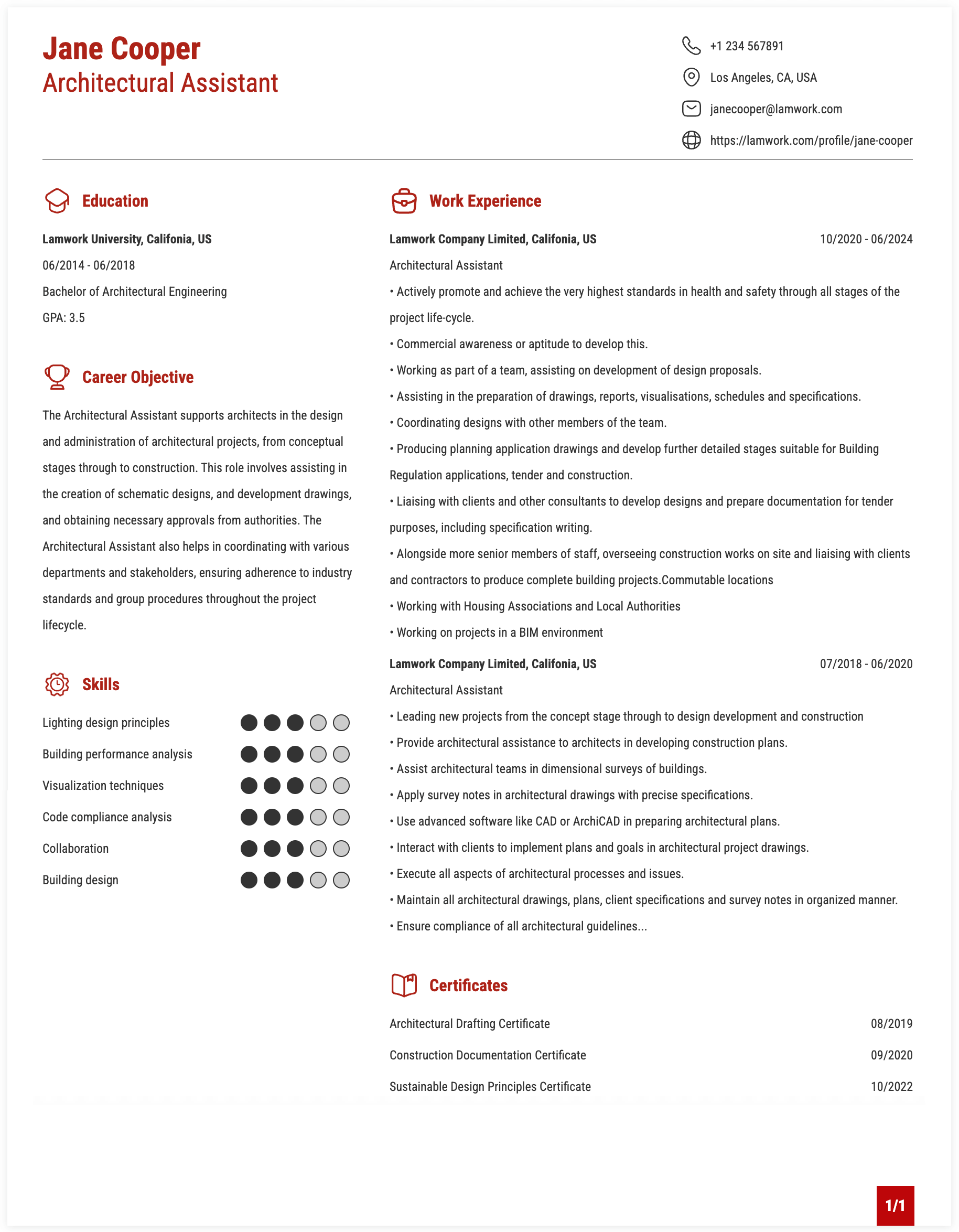 Architectural Assistant Resume Example