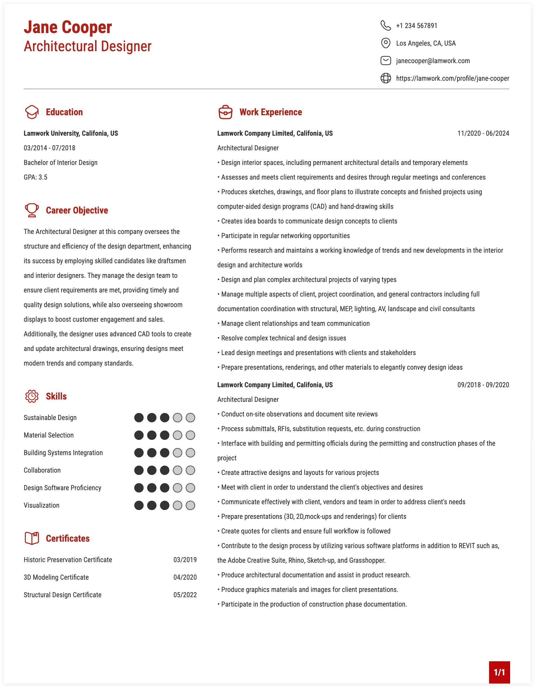 Architectural Designer Resume Example