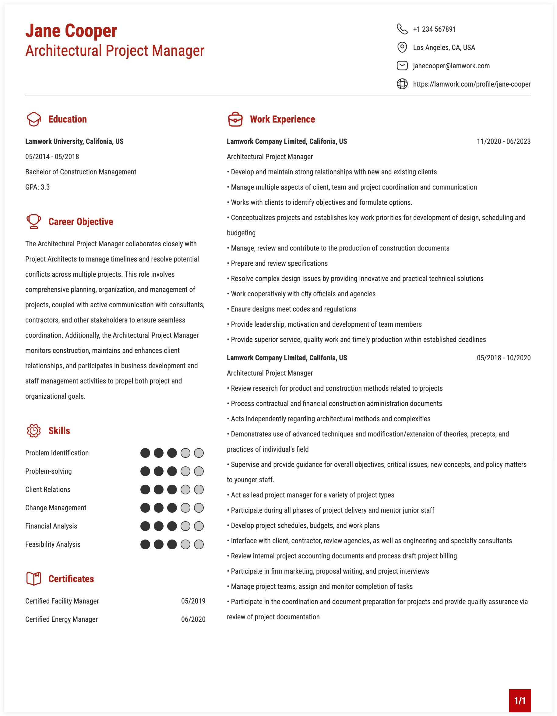 Architectural Project Manager Resume Example