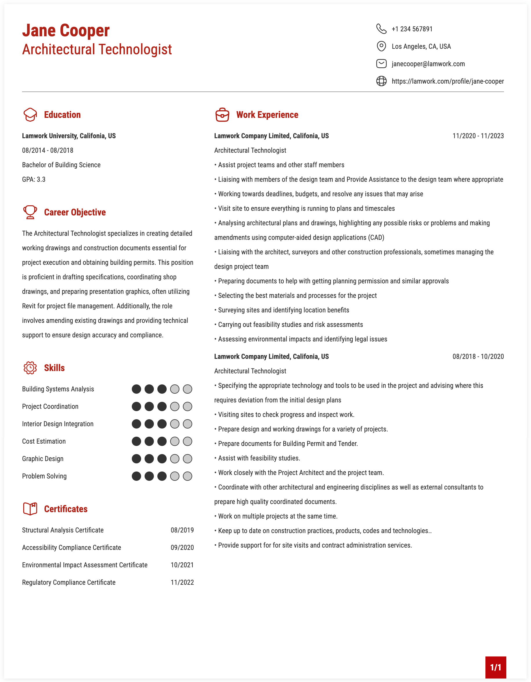 Architectural Technologist Resume Example