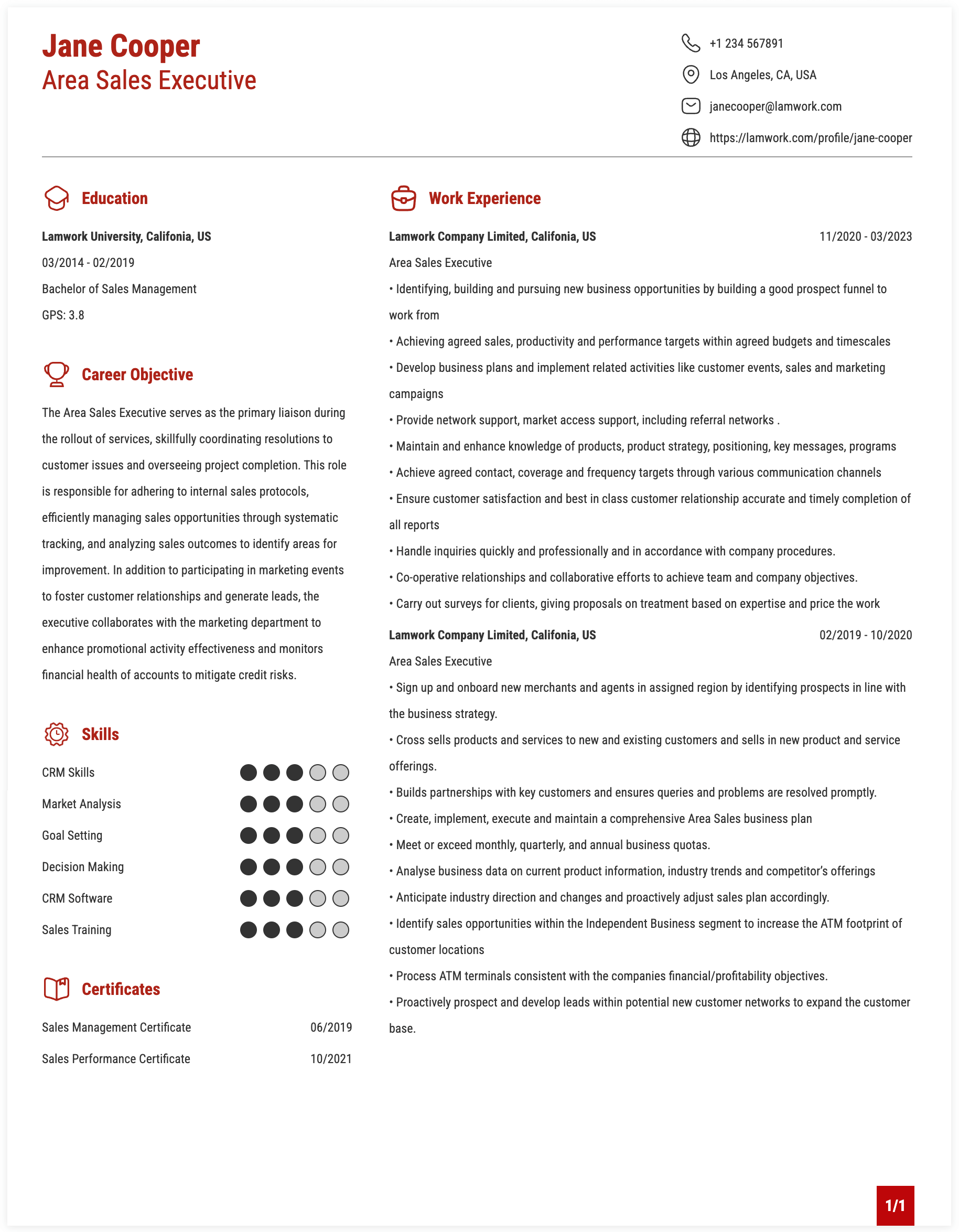 Area Sales Executive Resume Example