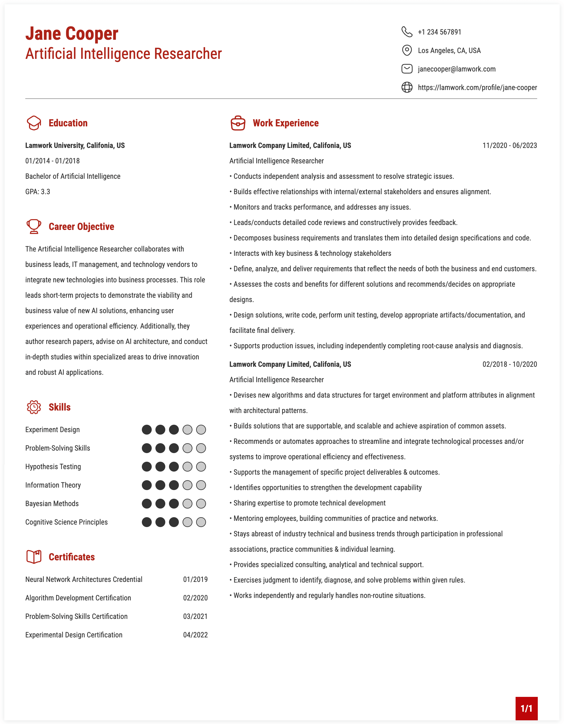 Artificial Intelligence Researcher Resume Example