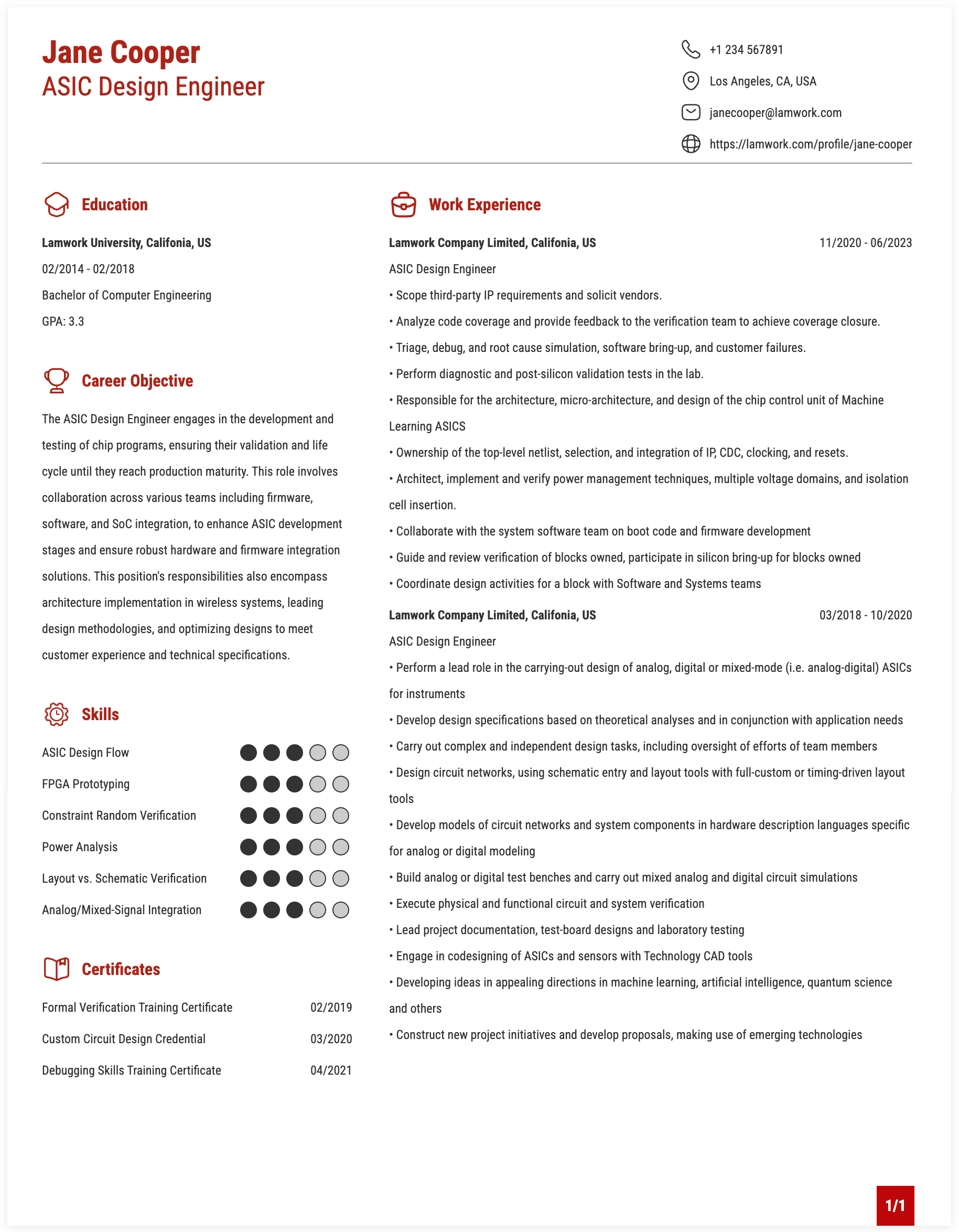 ASIC Design Engineer Resume Example