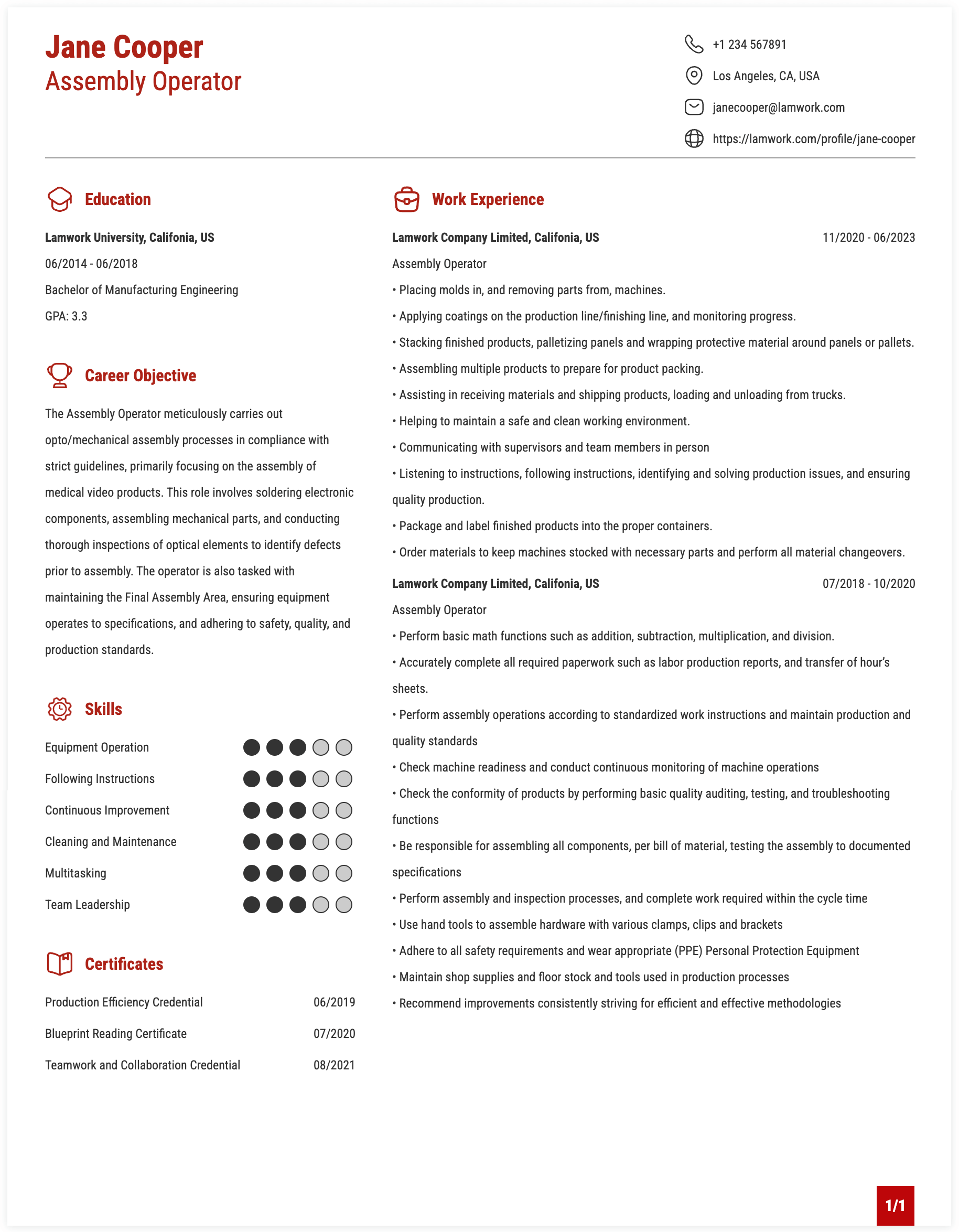 Assembly Operator Resume Example