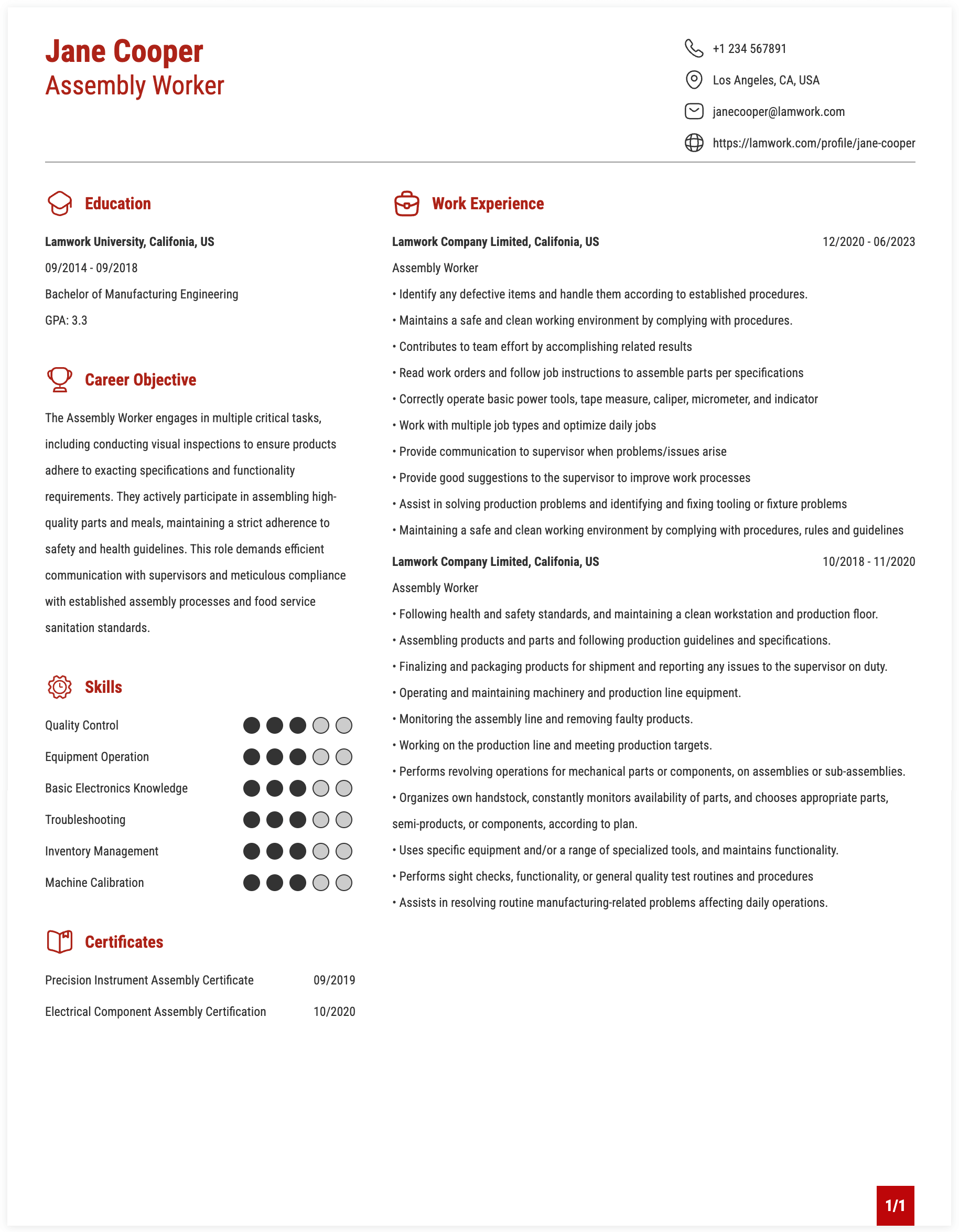 Assembly Worker Resume Example