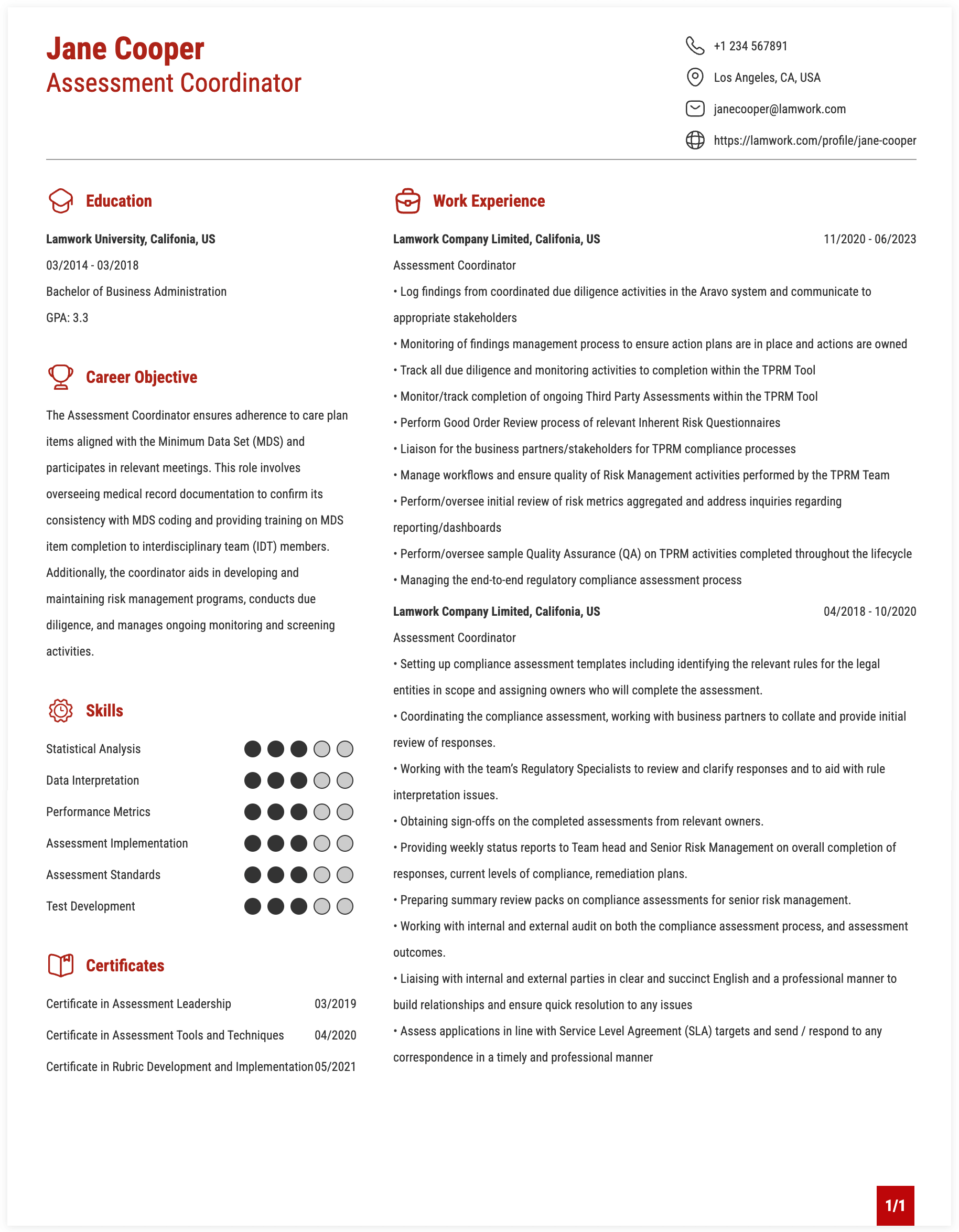 Assessment Coordinator Resume Example