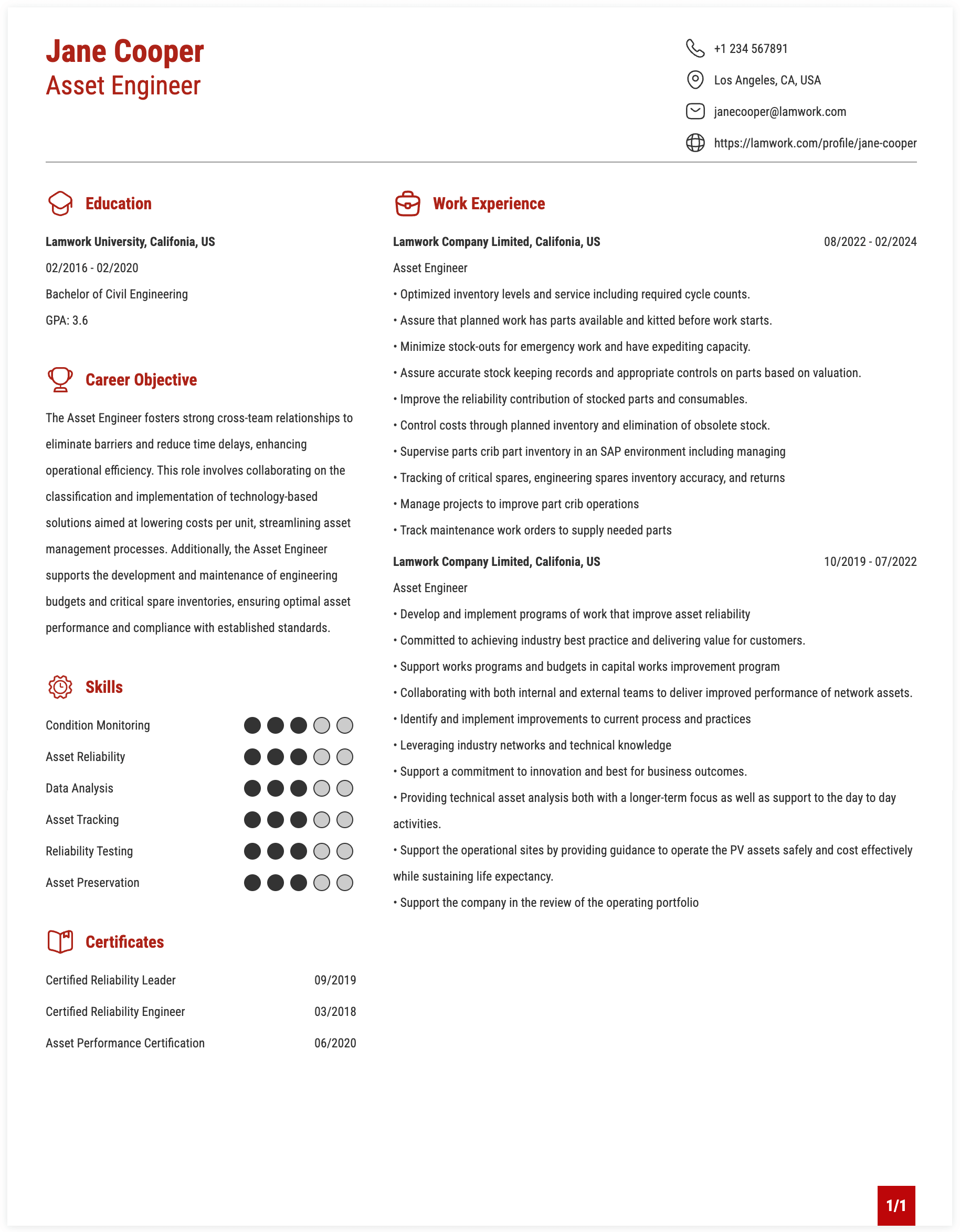 Asset Engineer Resume Example