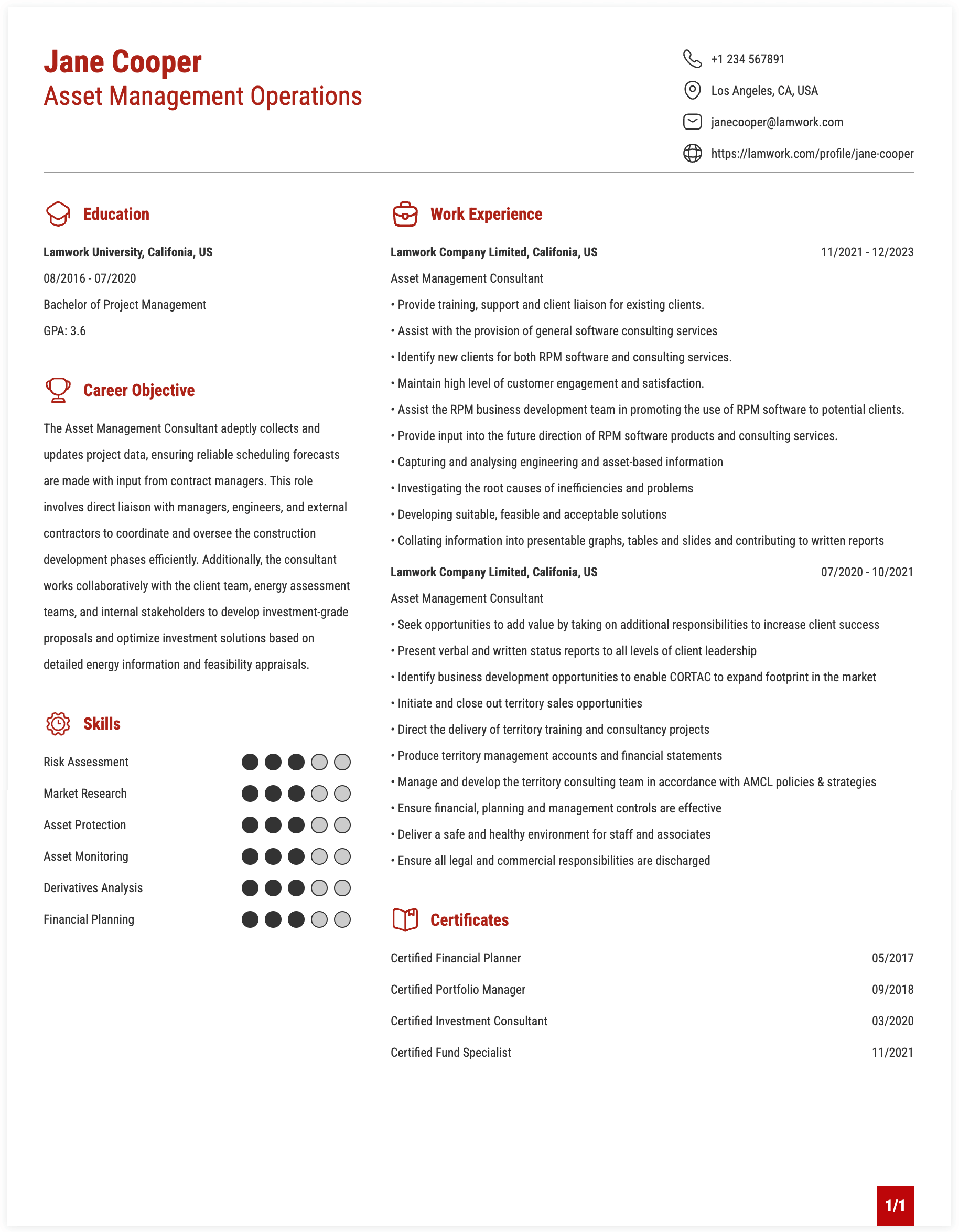 Asset Management Operations Resume Example