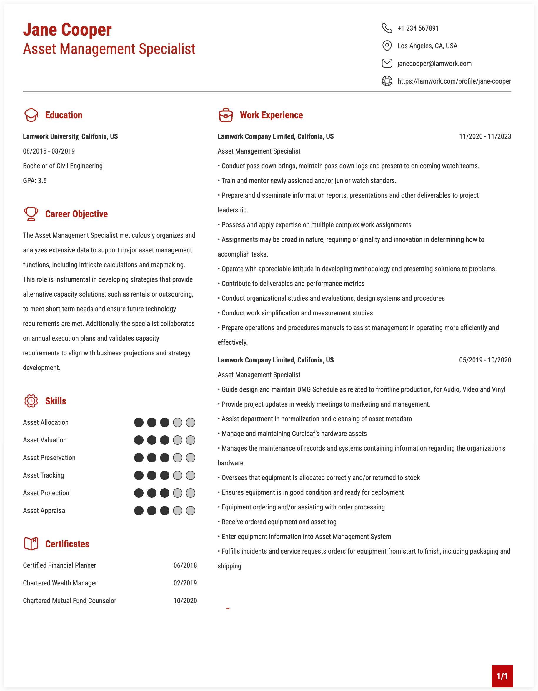 Asset Management Specialist Resume Example
