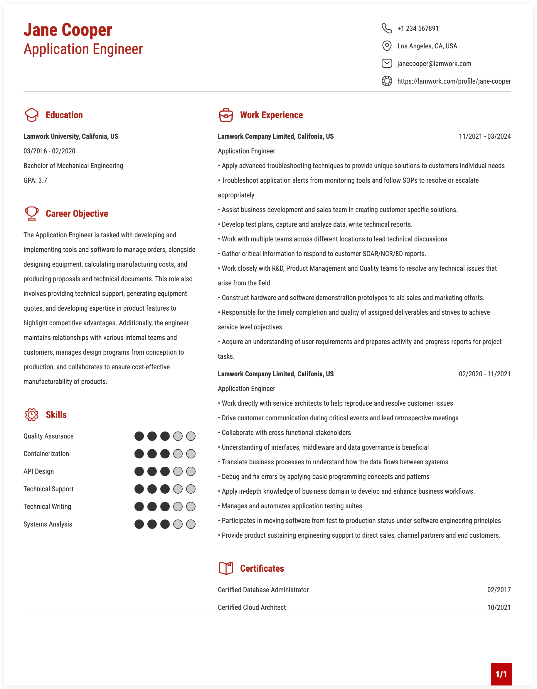Application Engineer Resume Example