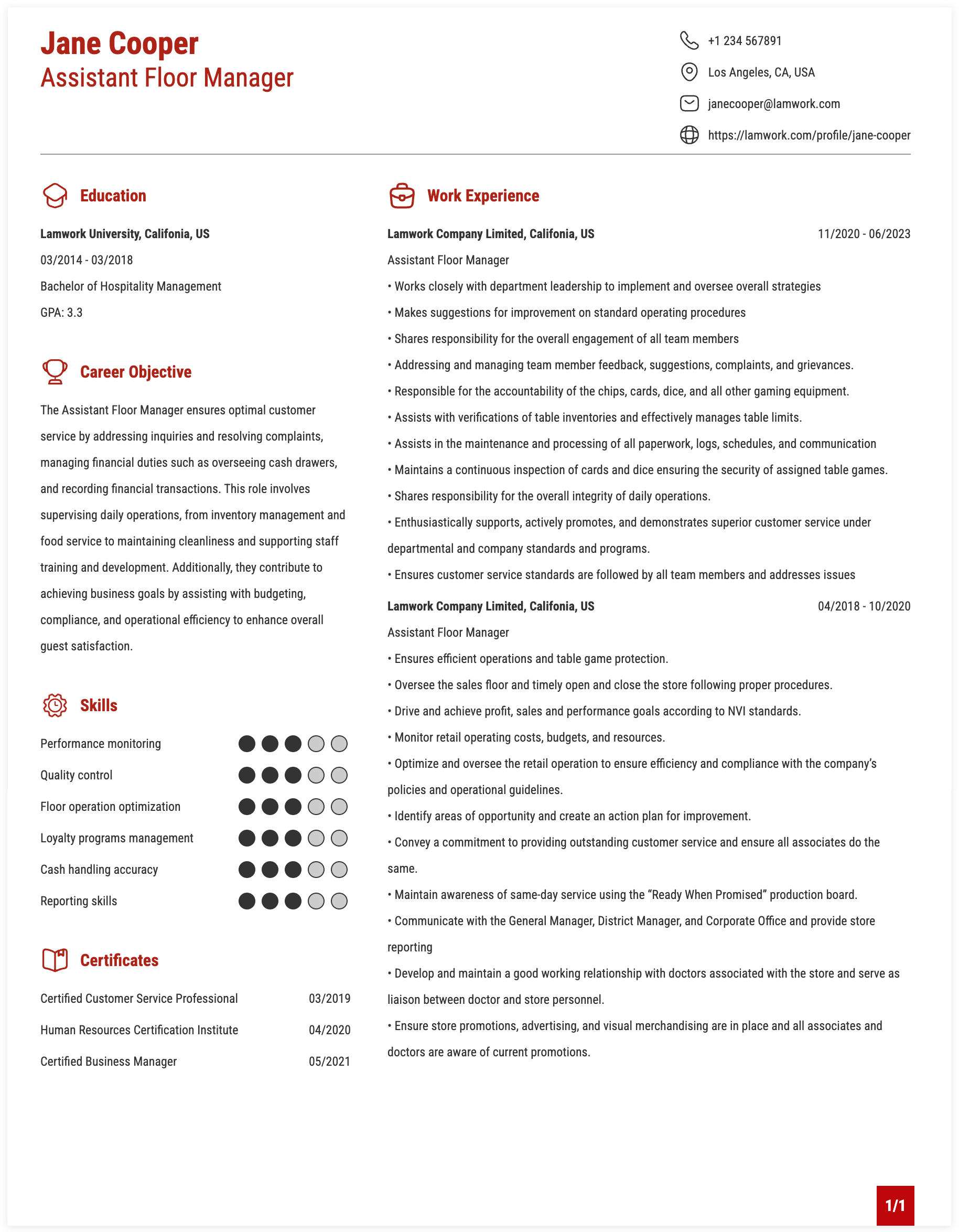 Assistant Floor Manager Resume Example