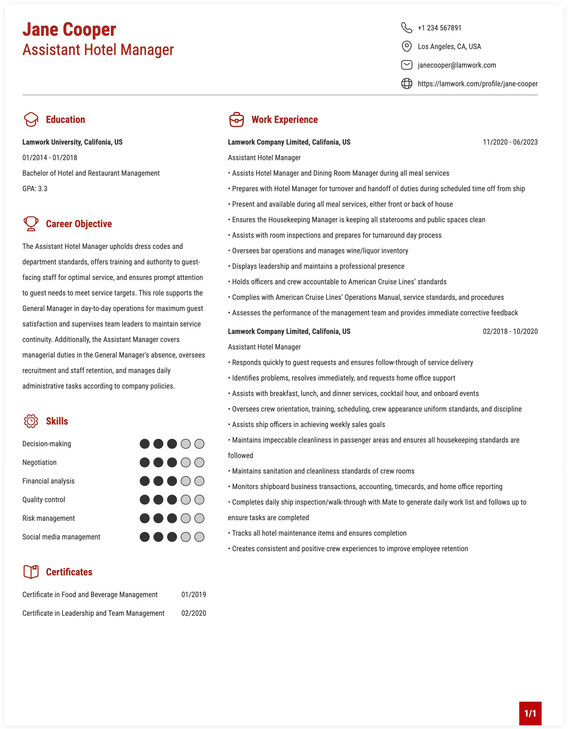 Assistant Hotel Manager Resume Example