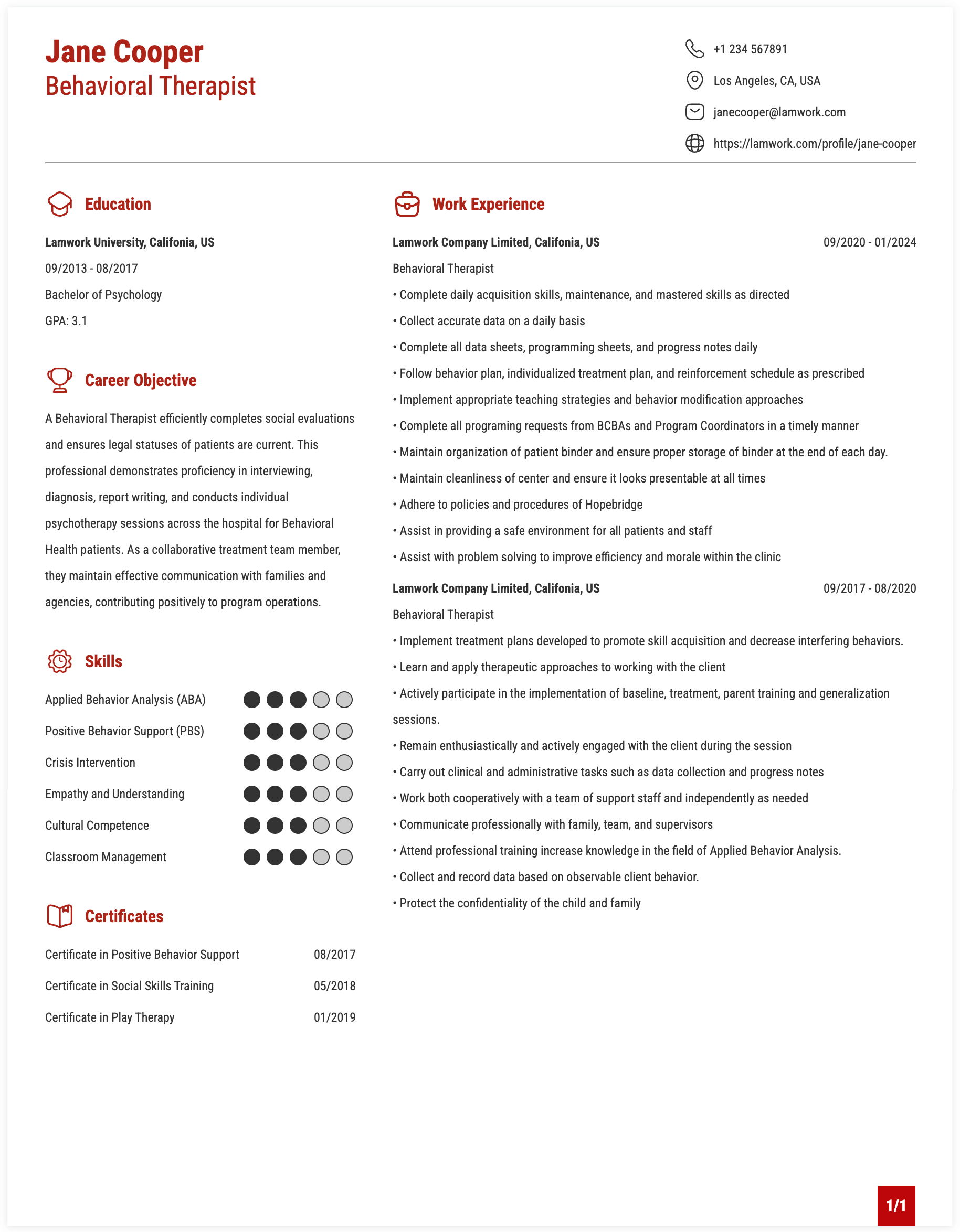 Behavioral Therapist Resume Example